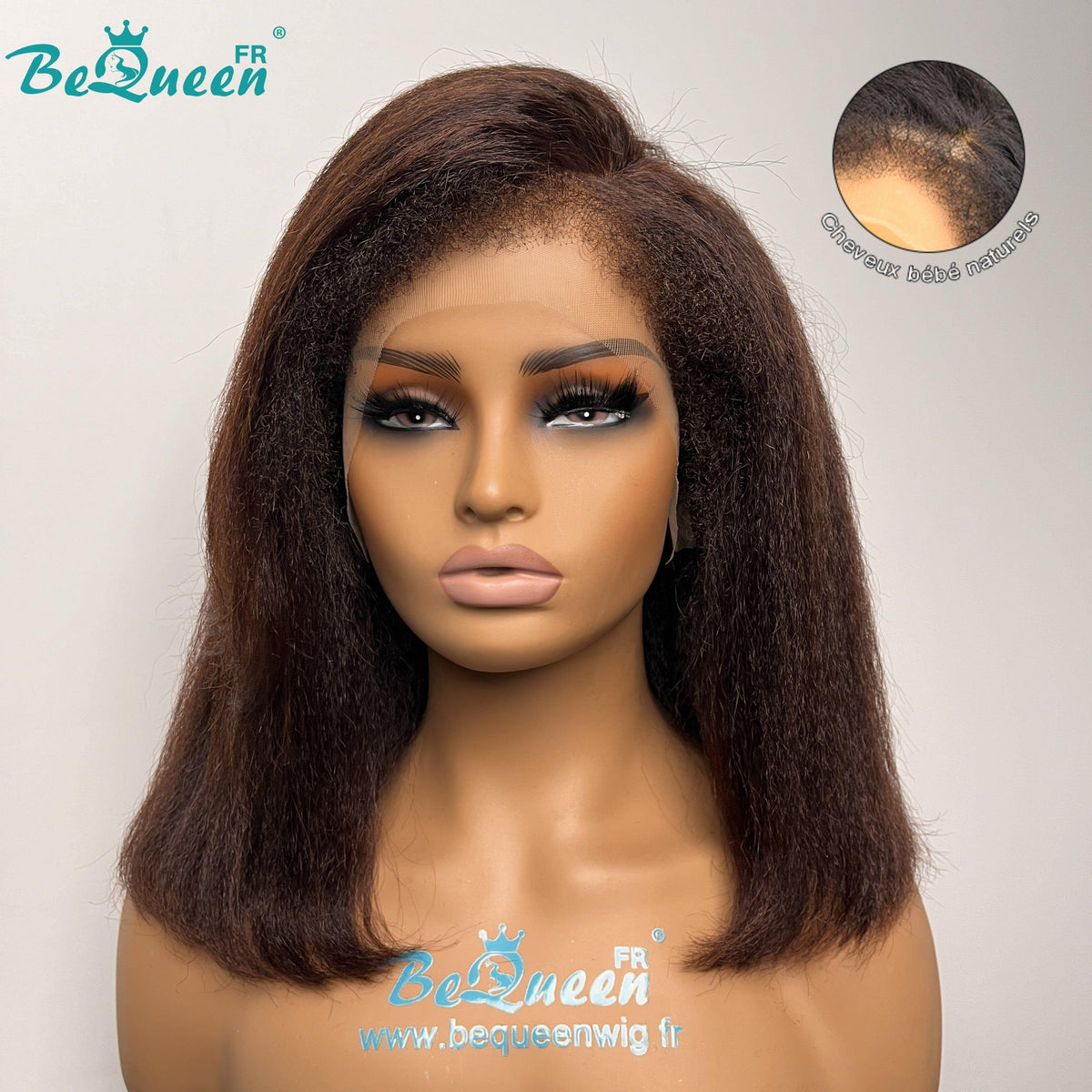 BeQueen “Klaus” Perruque Bob Couleur Brun Bords Bouclés Kinky Straight – BeQueenWig FR